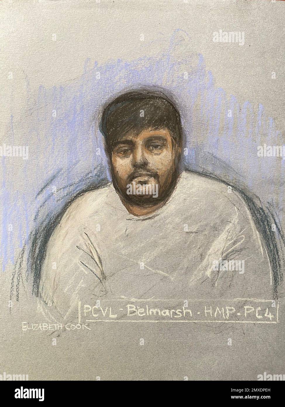Court artist drawing by Elizabeth Cook of Mohammad Farooq, seen on a ...
