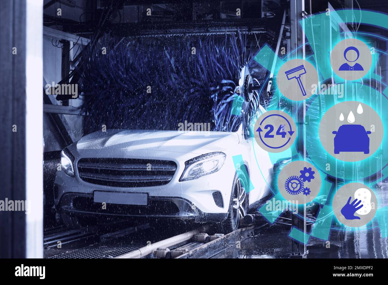 Car wash, full service related icons. Automobile undergoing automatic ...