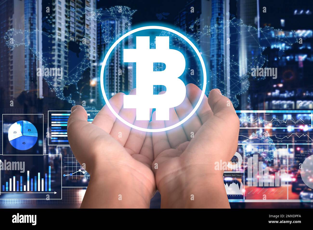 Fintech concept. Woman demonstrating scheme with Bitcoin symbols ...