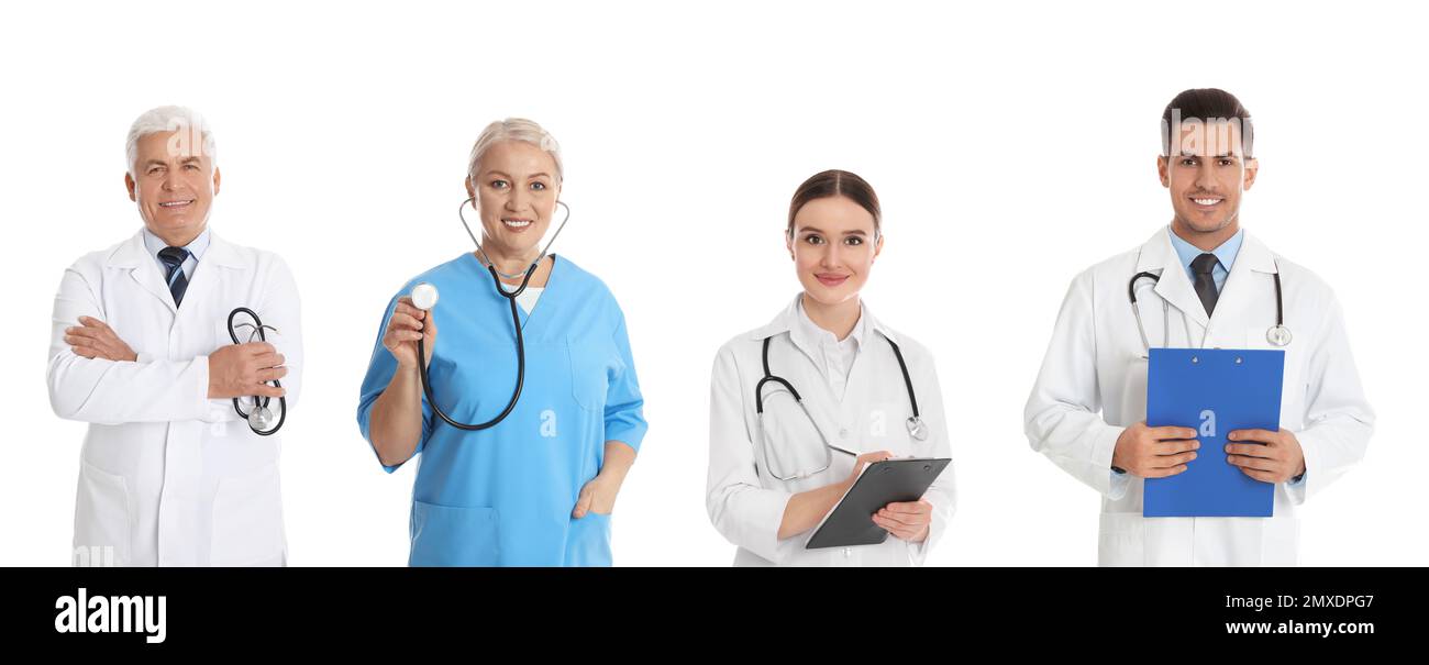 Collage with photos of doctors on white background, banner design Stock ...