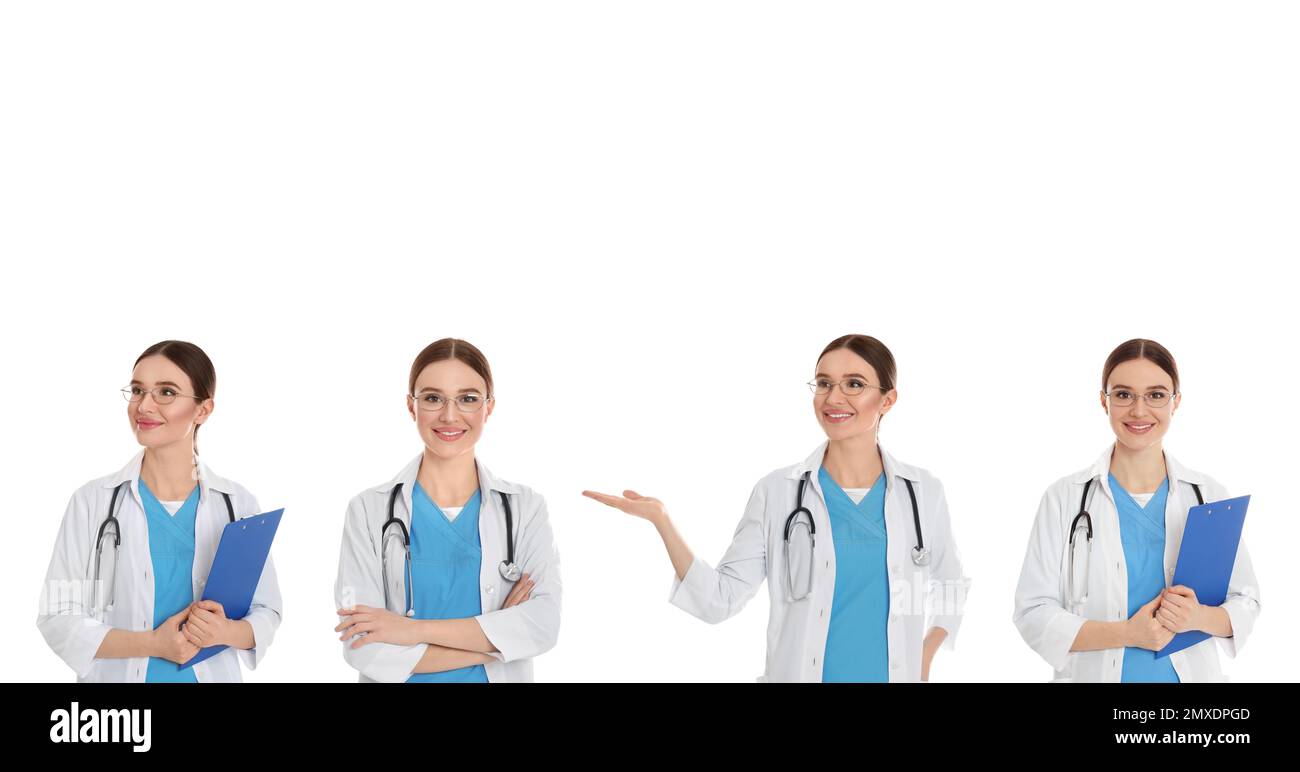 Collage with photos of doctor on white background, banner design Stock ...