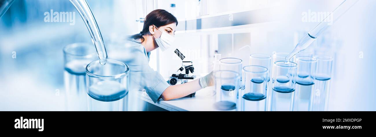 Multiple exposure of dropping samples into test tubes and scientist ...