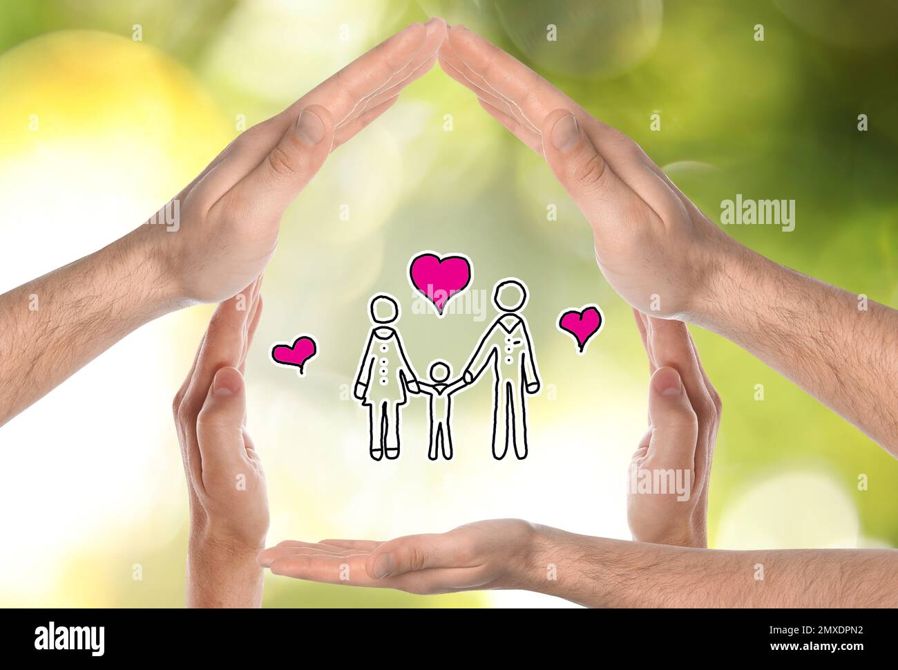 People forming house with their hands and illustration of family on ...