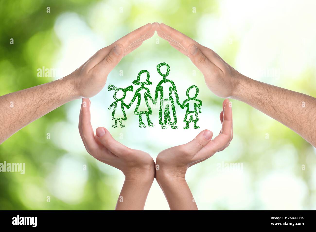 People forming house with their hands and illustration of family on ...