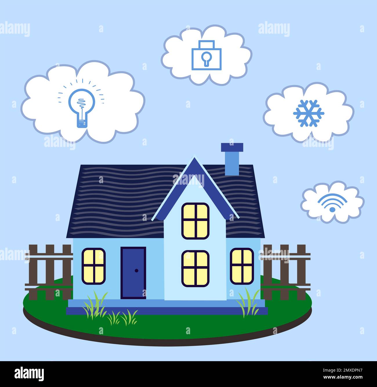 Illustration of smart home technology with automatic systems and icons ...