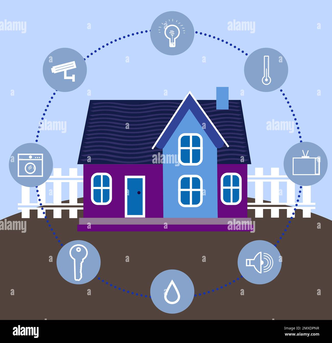Illustration of smart home technology with automatic systems and icons ...