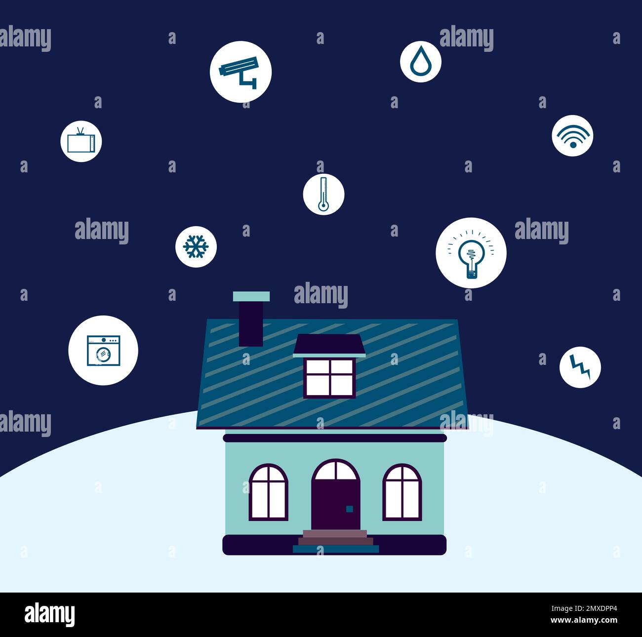 Illustration of smart home technology with automatic systems and icons ...