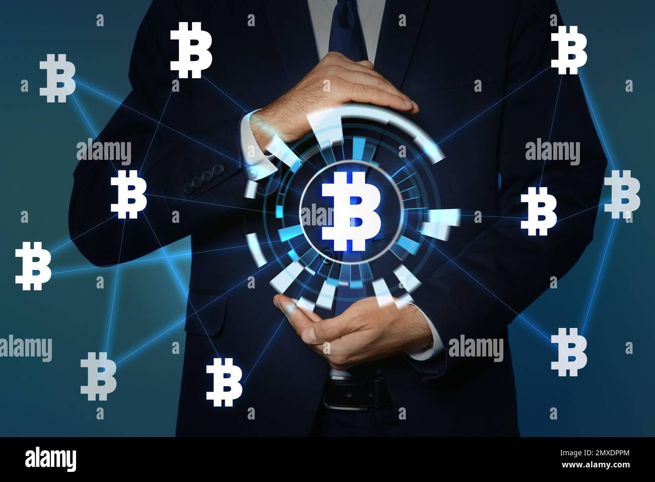 Fintech concept. Businessman demonstrating scheme with bitcoin symbols ...