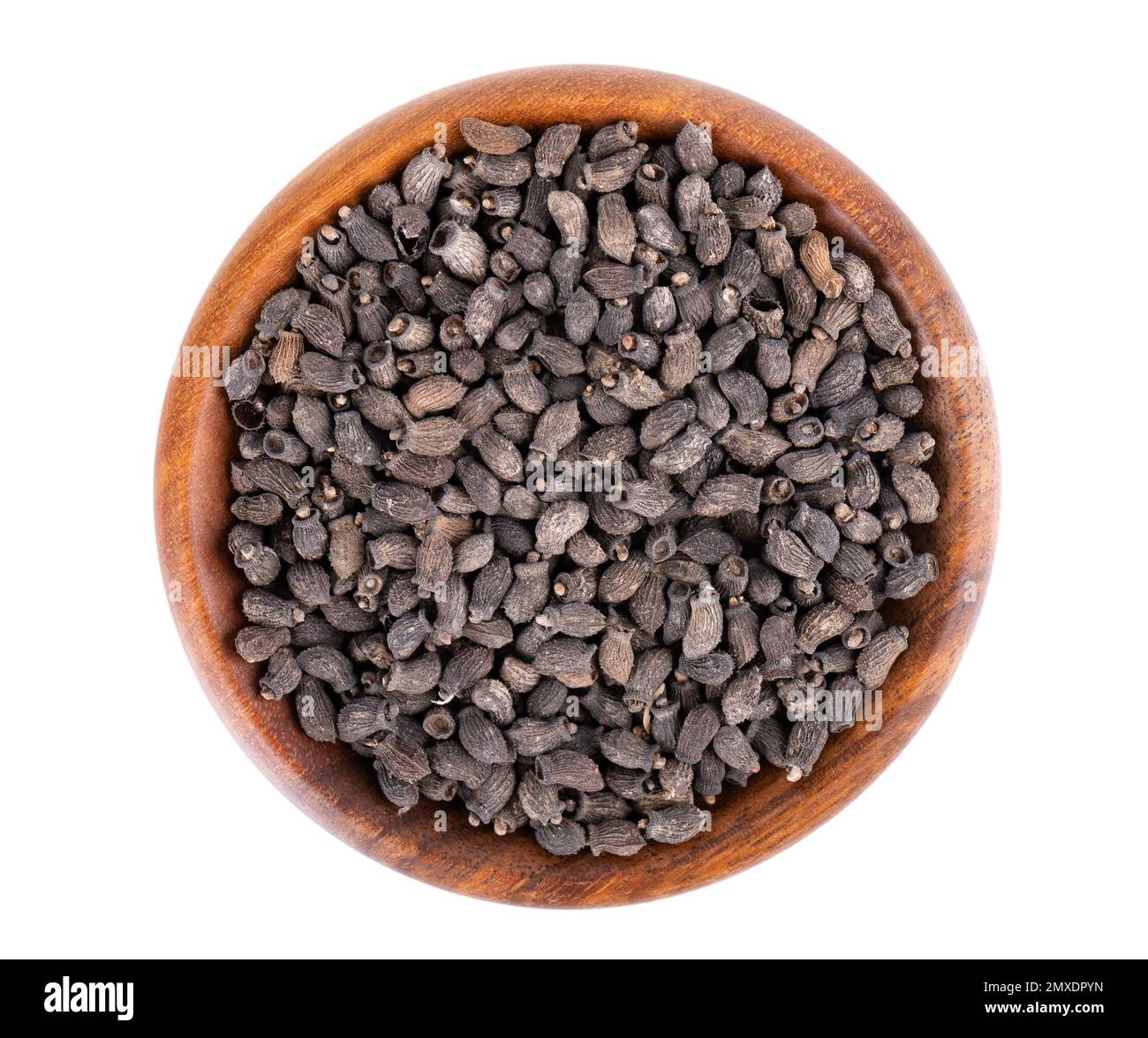 Borage seeds in wooden bowl, isolated on a white background. Borago ...