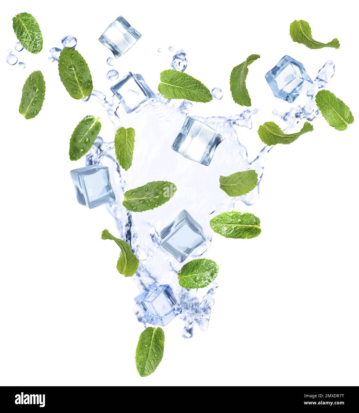 Falling green mint leaves, crystal ice cubes and splash of water on ...