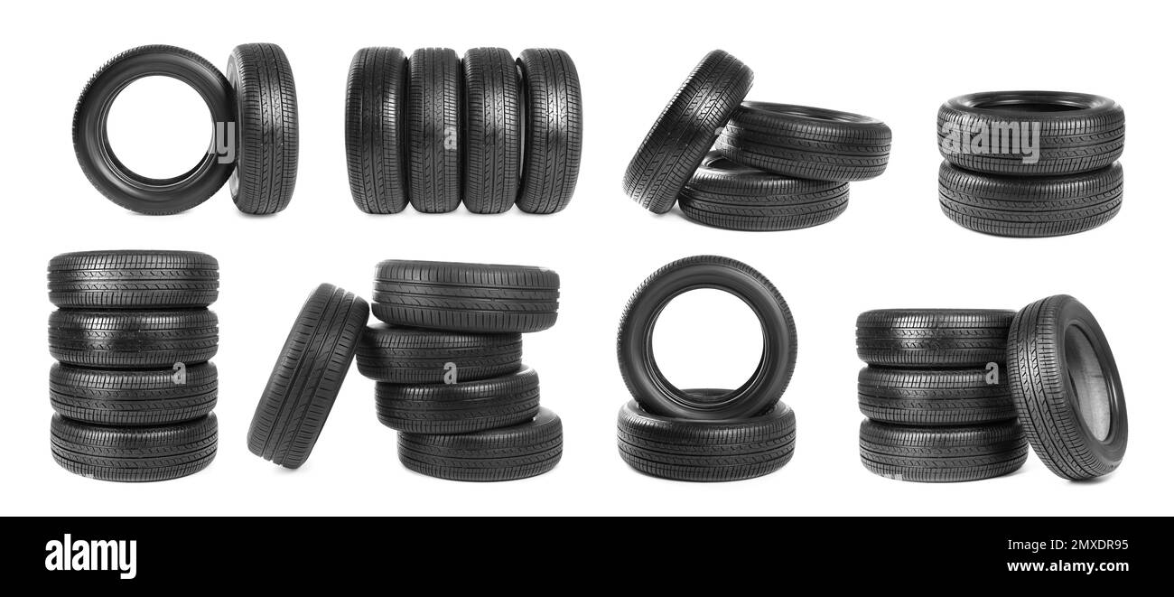 Set with car tires on white background. Banner design Stock Photo - Alamy