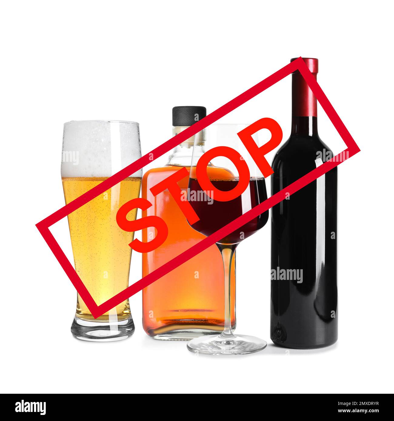 Set of different alcohol drinks and STOP sign on white background Stock ...