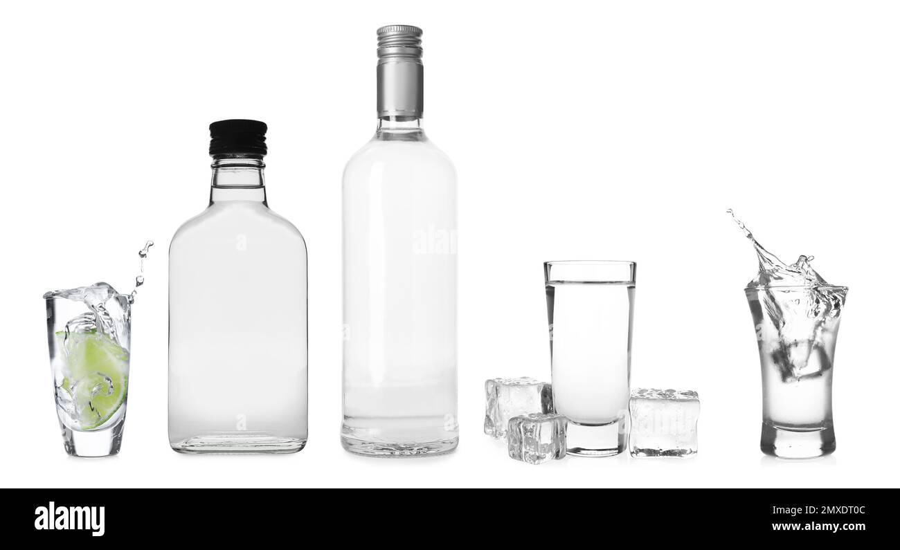 Set with bottles and shots of vodka on white background. Banner design ...