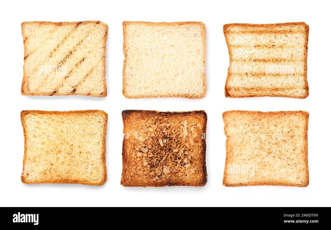 Set of toasted bread slices on white background, top view Stock Photo ...