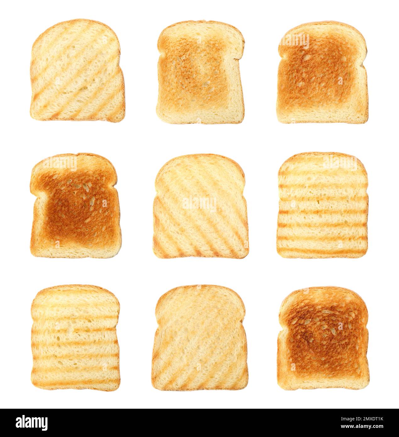 Set of toasted bread slices on white background, top view Stock Photo ...
