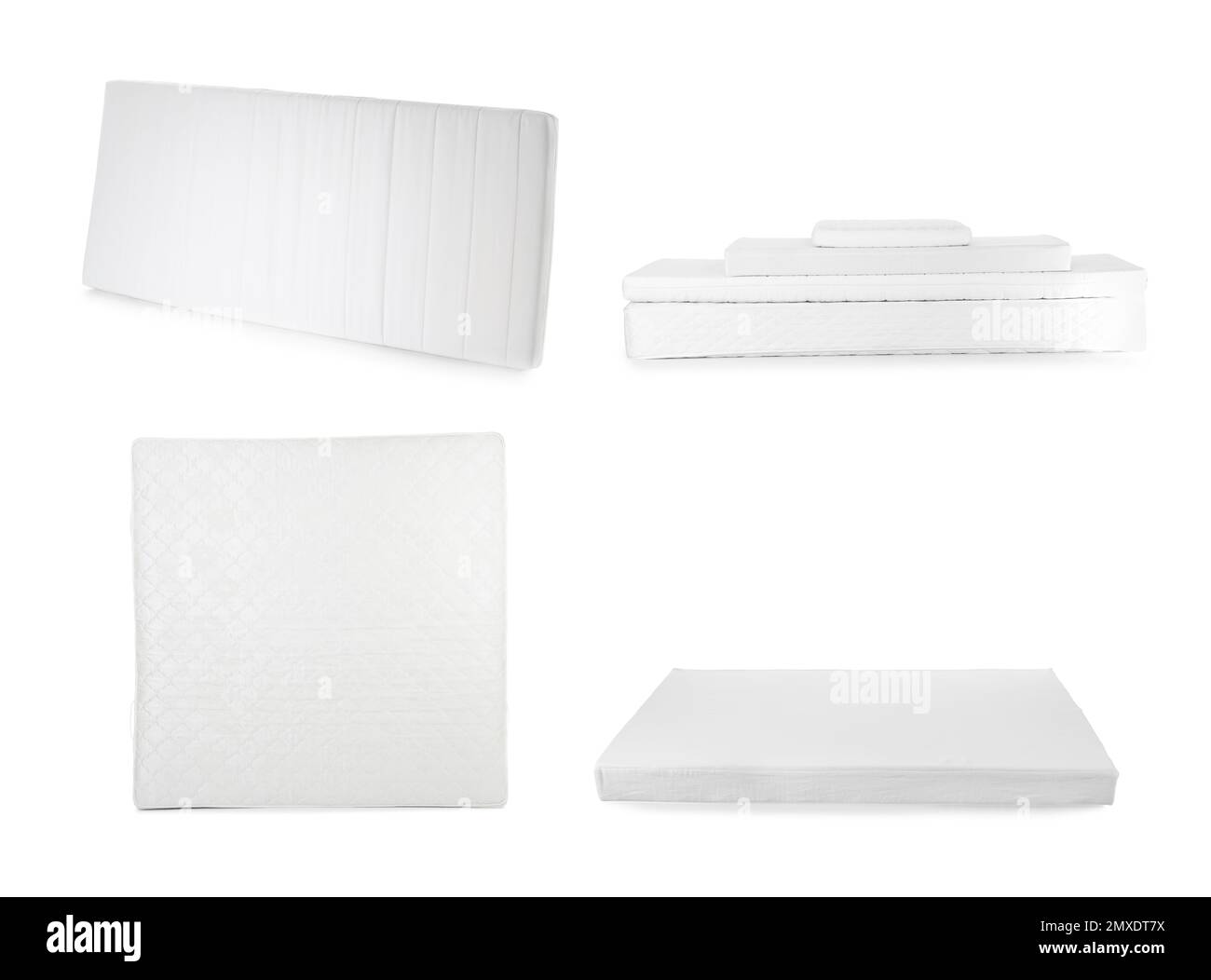 Set with modern comfortable mattresses on white background Stock Photo ...