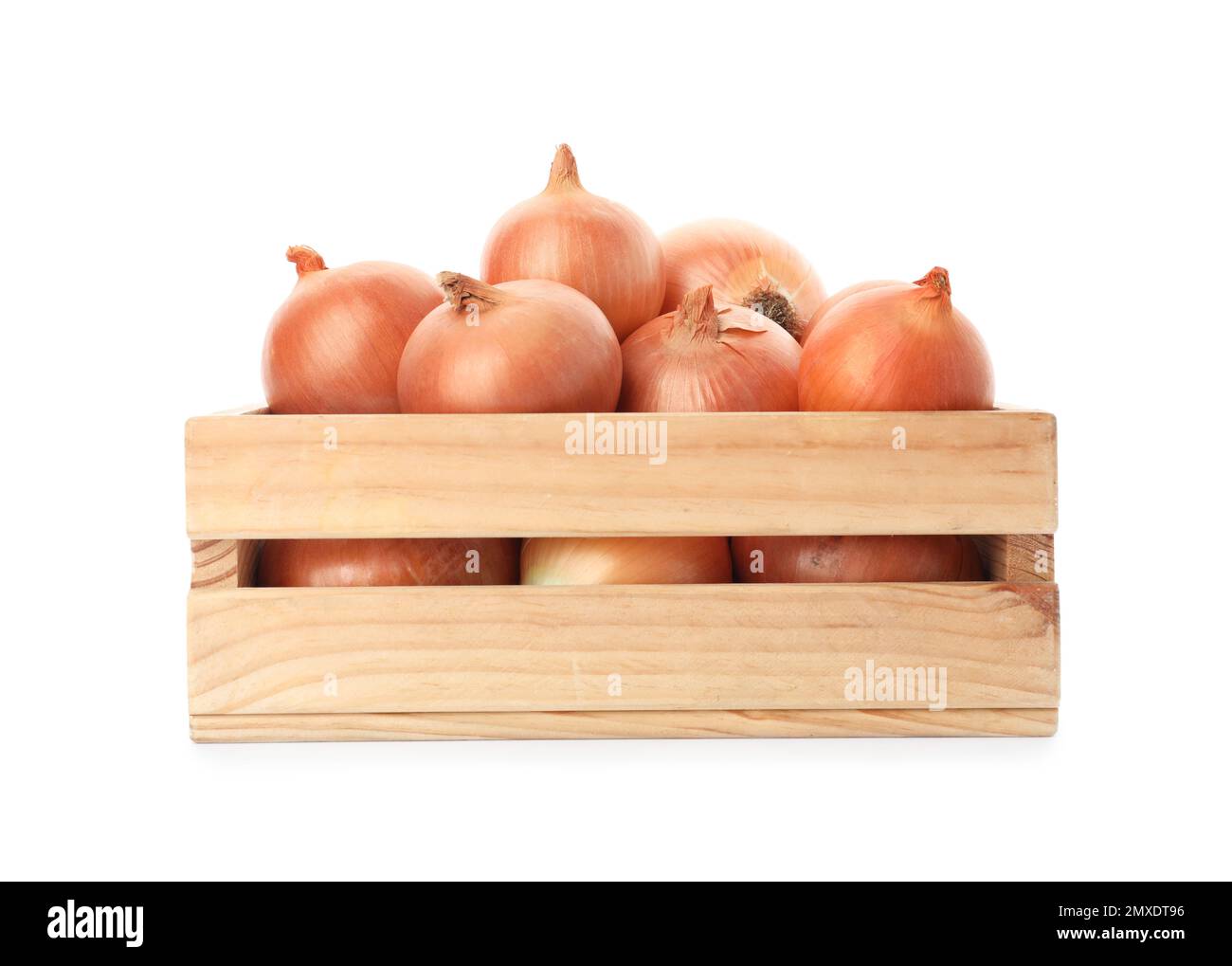 Fresh yellow onion bulbs in wooden crate isolated on white Stock Photo ...