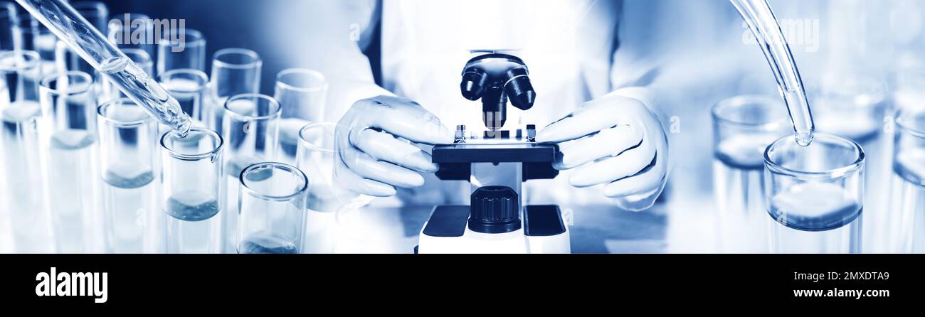 Multiple exposure of dropping samples into test tubes and scientist ...