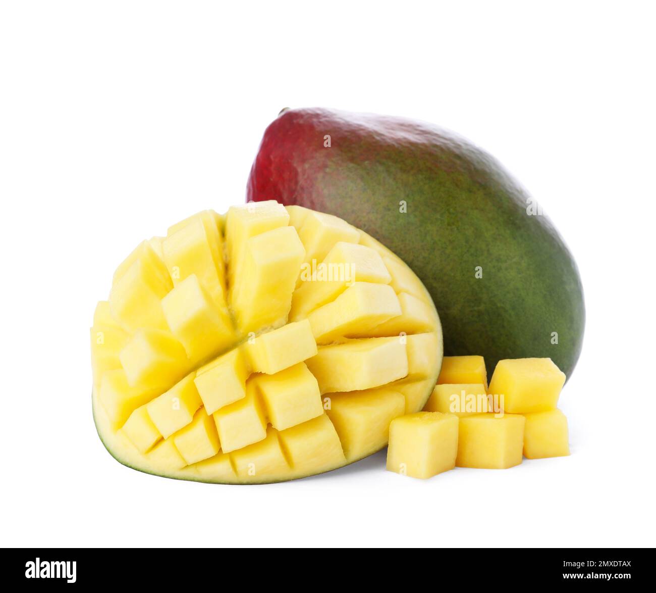 Cut and whole ripe mangoes isolated on white Stock Photo - Alamy