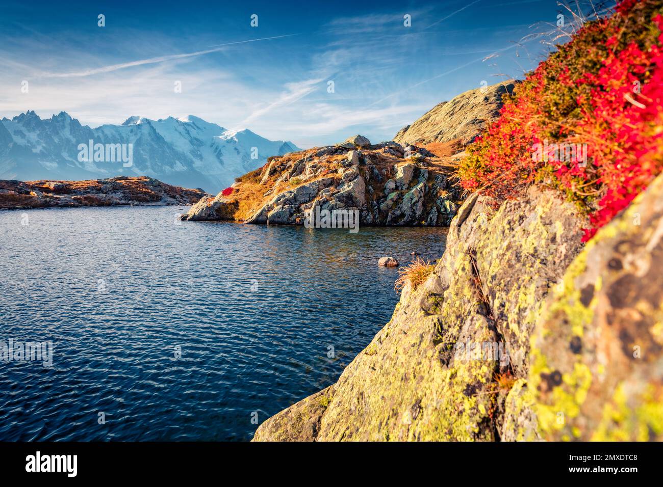 Astonishing autumn view of Cheserys lake with Mount Blanc on background ...