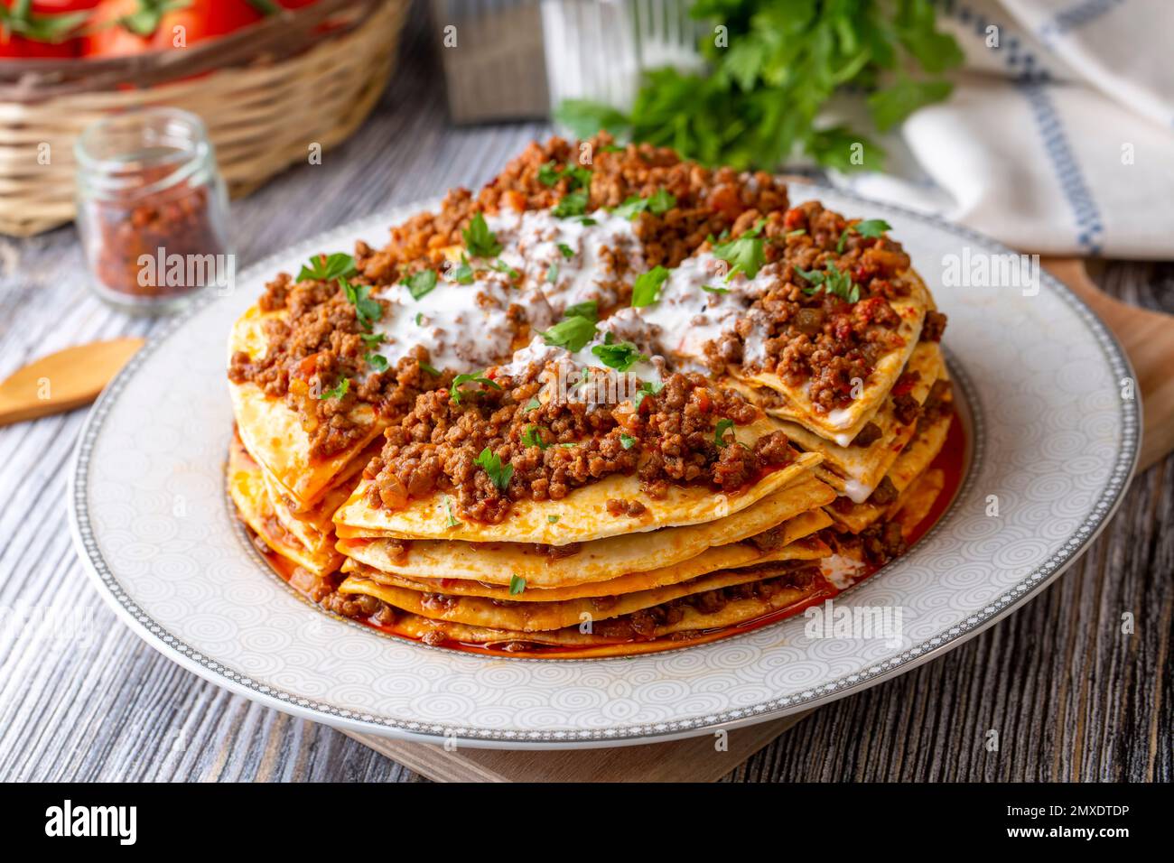 Turkish Food Kayseri Yaglama with Minced Meat, Yogurt and Tomato Paste ...