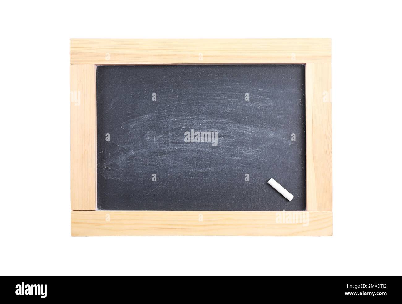 Empty blackboard with chalk isolated on white, top view. Space for text ...