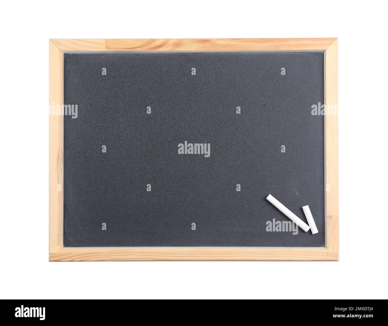 Empty blackboard with chalk isolated on white, top view. Space for text ...
