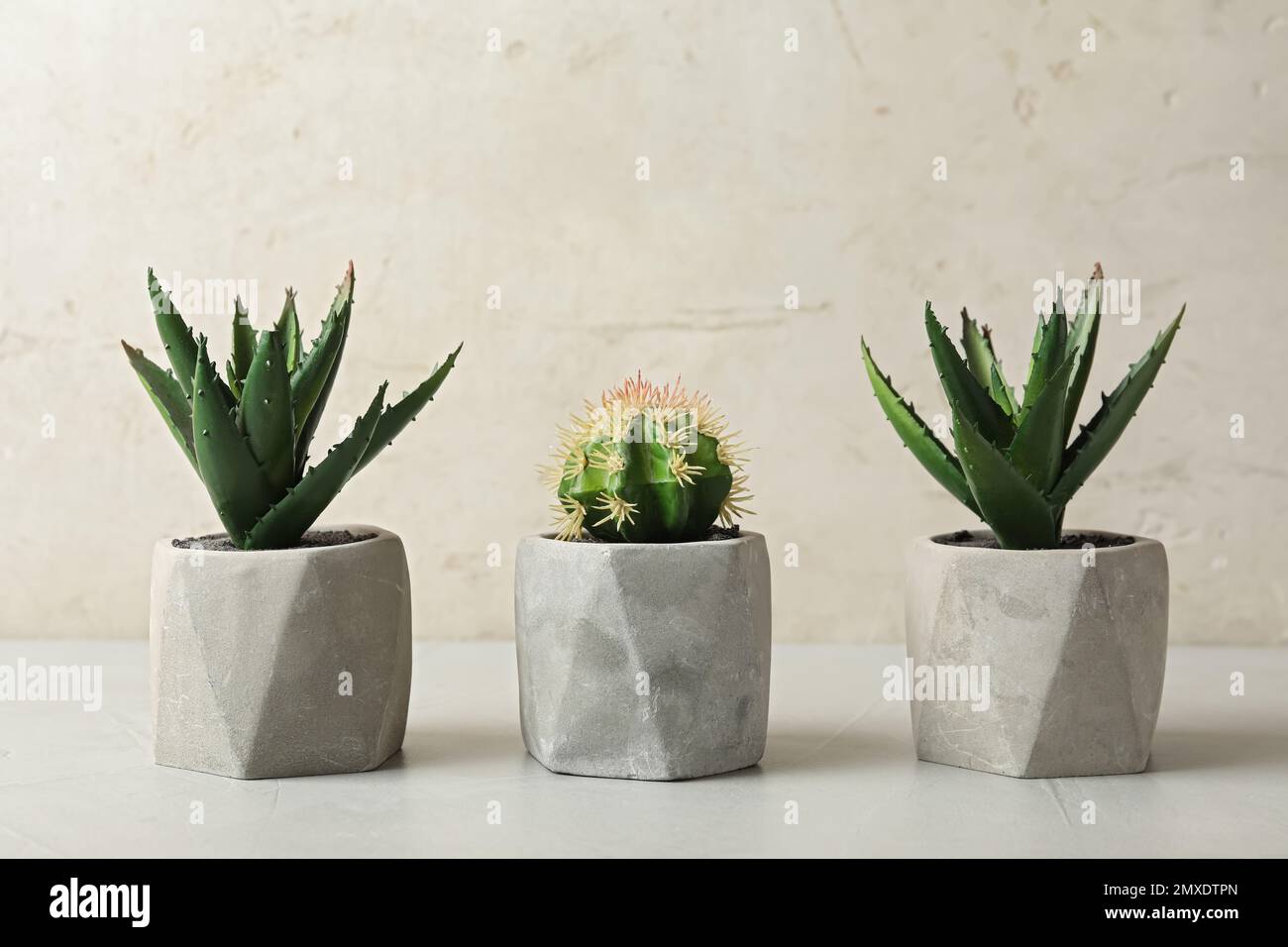 Artificial plants in cement flower pots on table against light ...