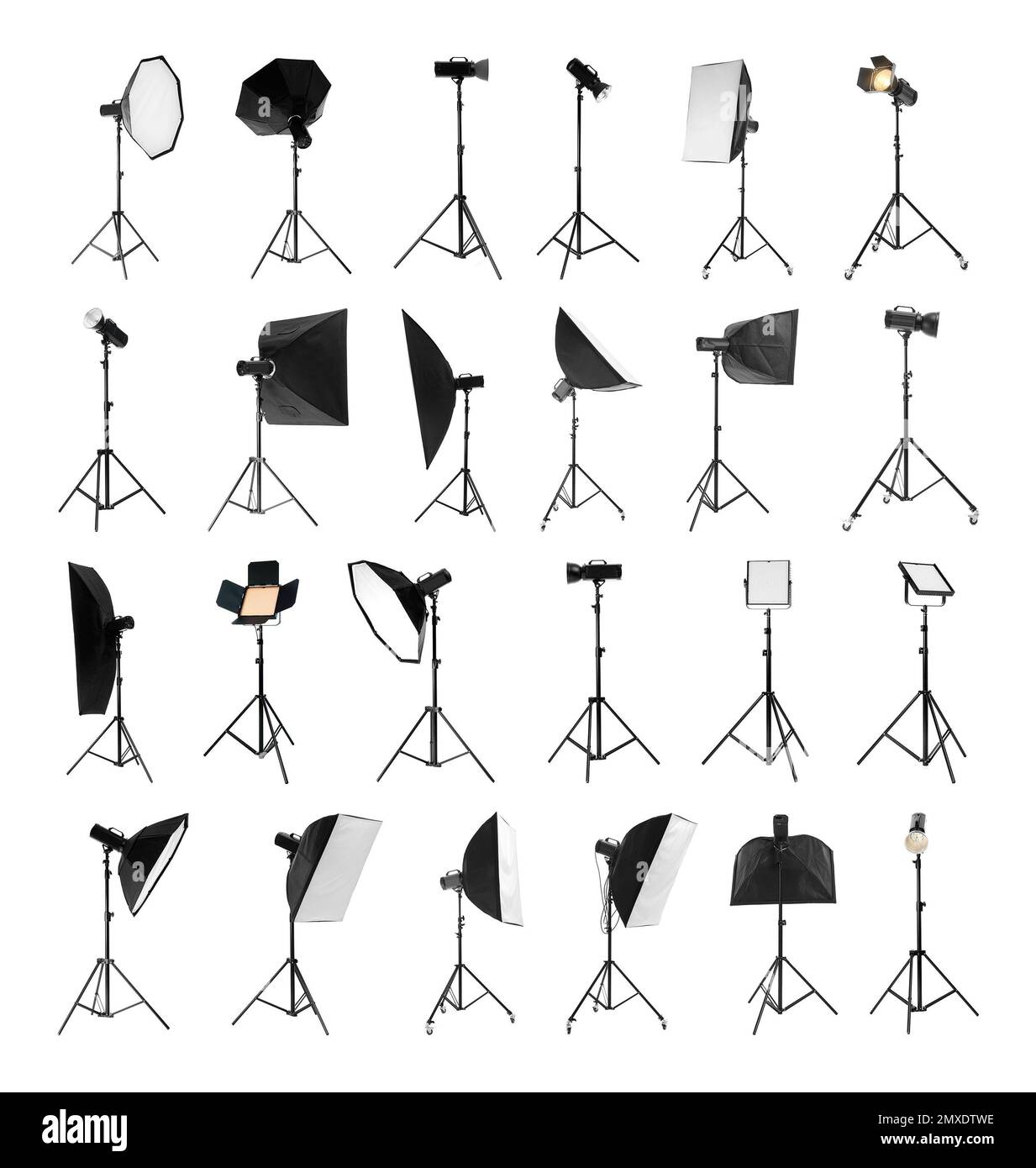 Set with different studio lightings on white background Stock Photo - Alamy