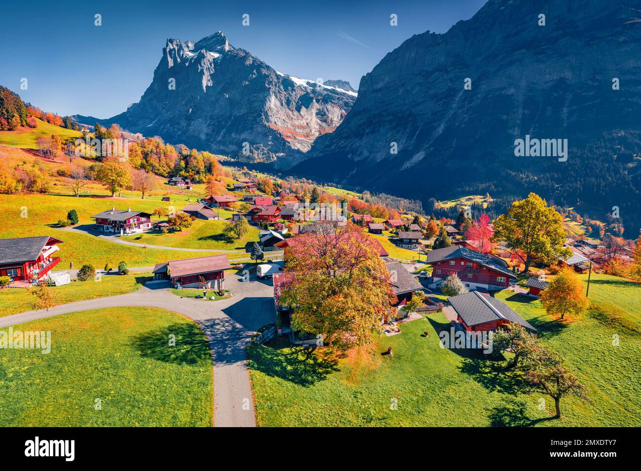 Aerial landscape photography. Colorful autumn view of Grindelwald ...