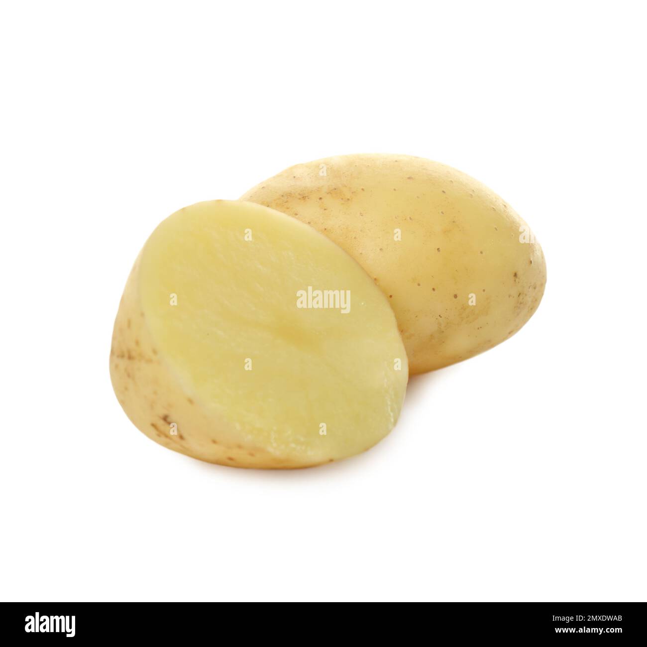 Whole and cut fresh raw organic potatoes on white background Stock ...