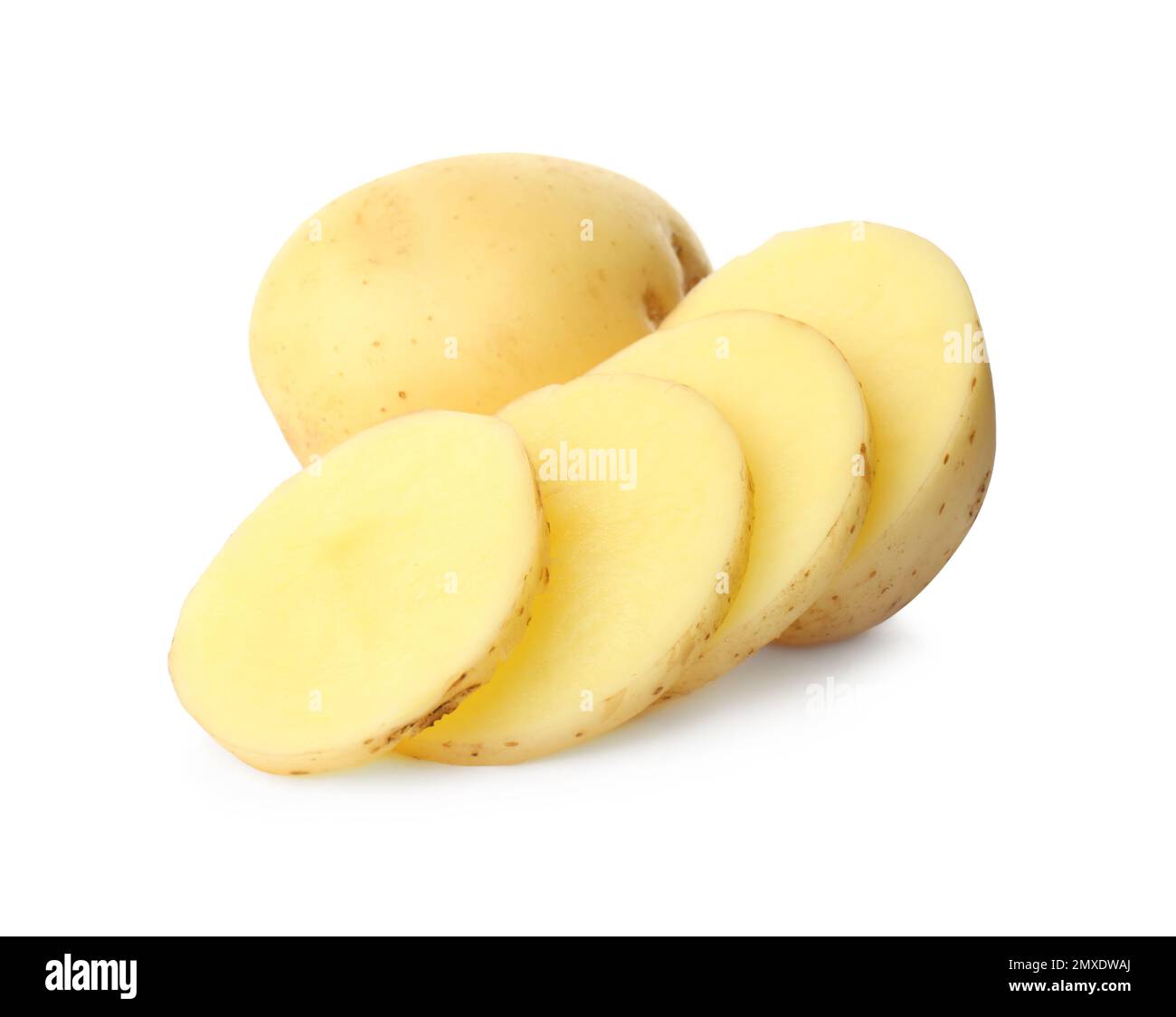 Whole and cut fresh raw organic potatoes on white background Stock ...