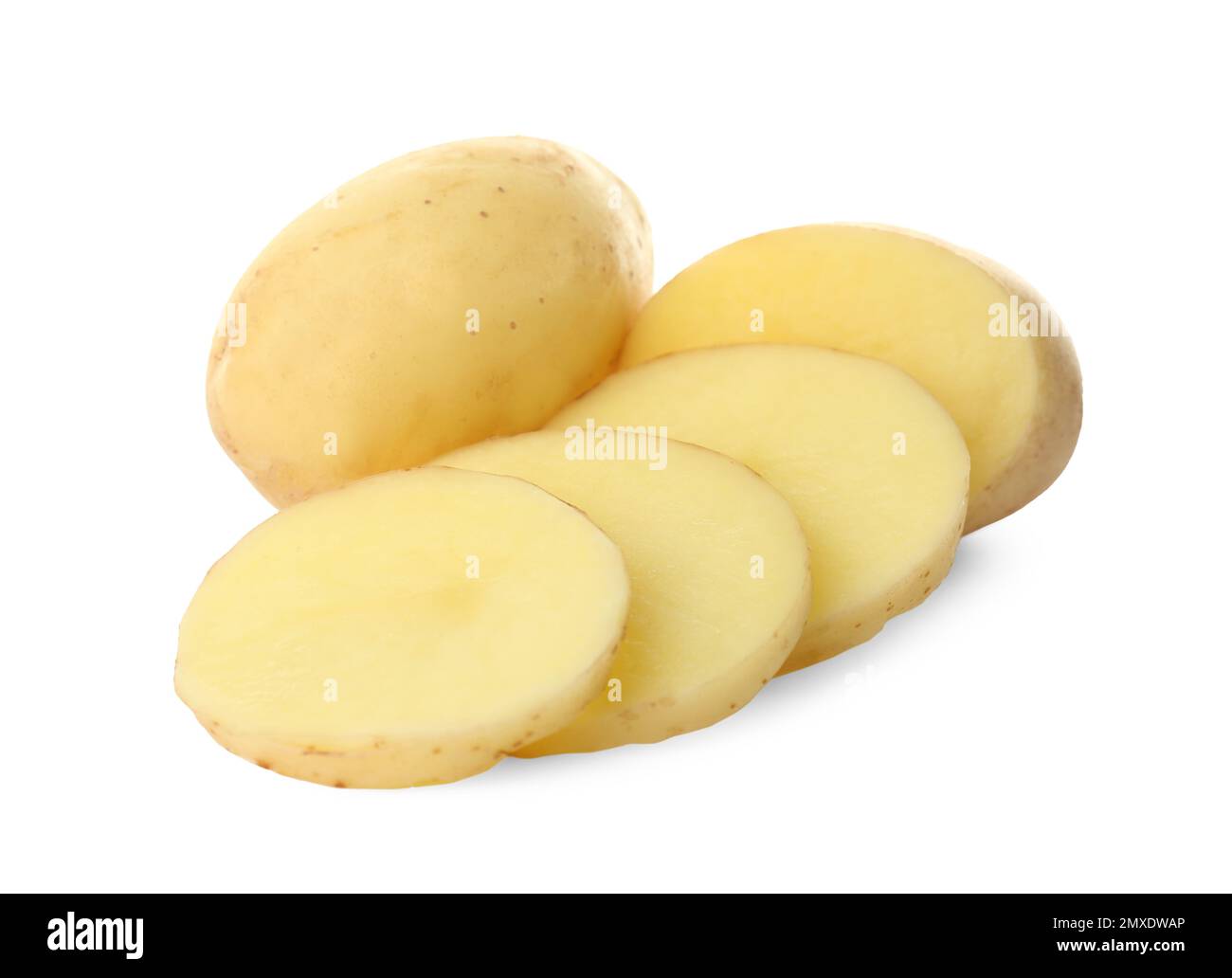 Whole and cut fresh raw organic potatoes on white background Stock ...