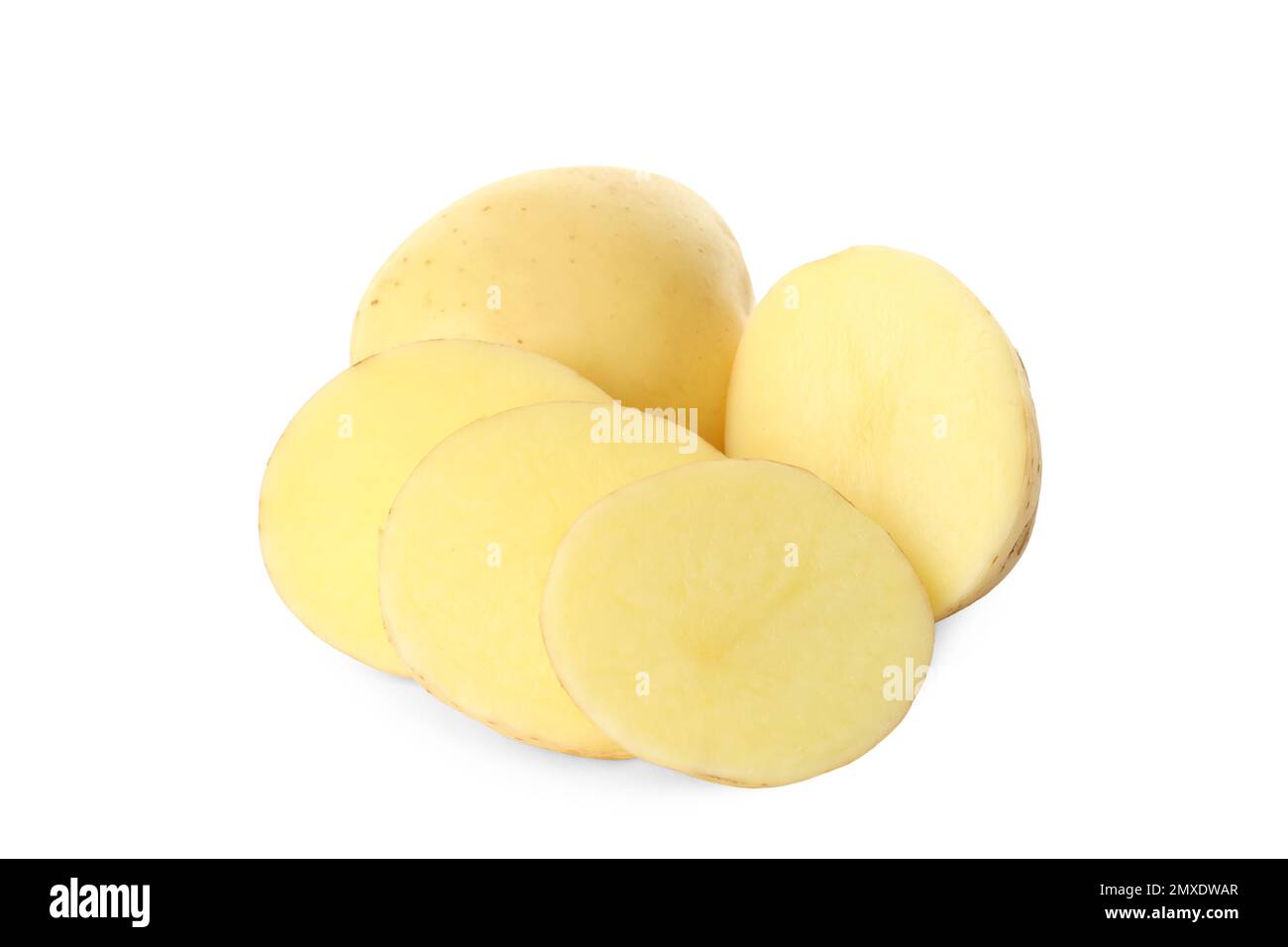 Whole and cut fresh raw organic potatoes on white background Stock ...