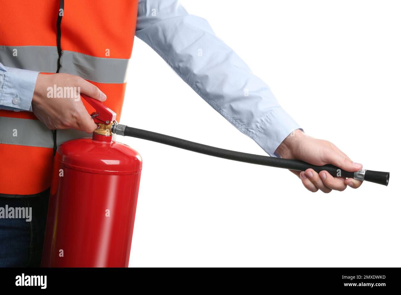 Worker using fire extinguisher on white background, closeup Stock Photo ...