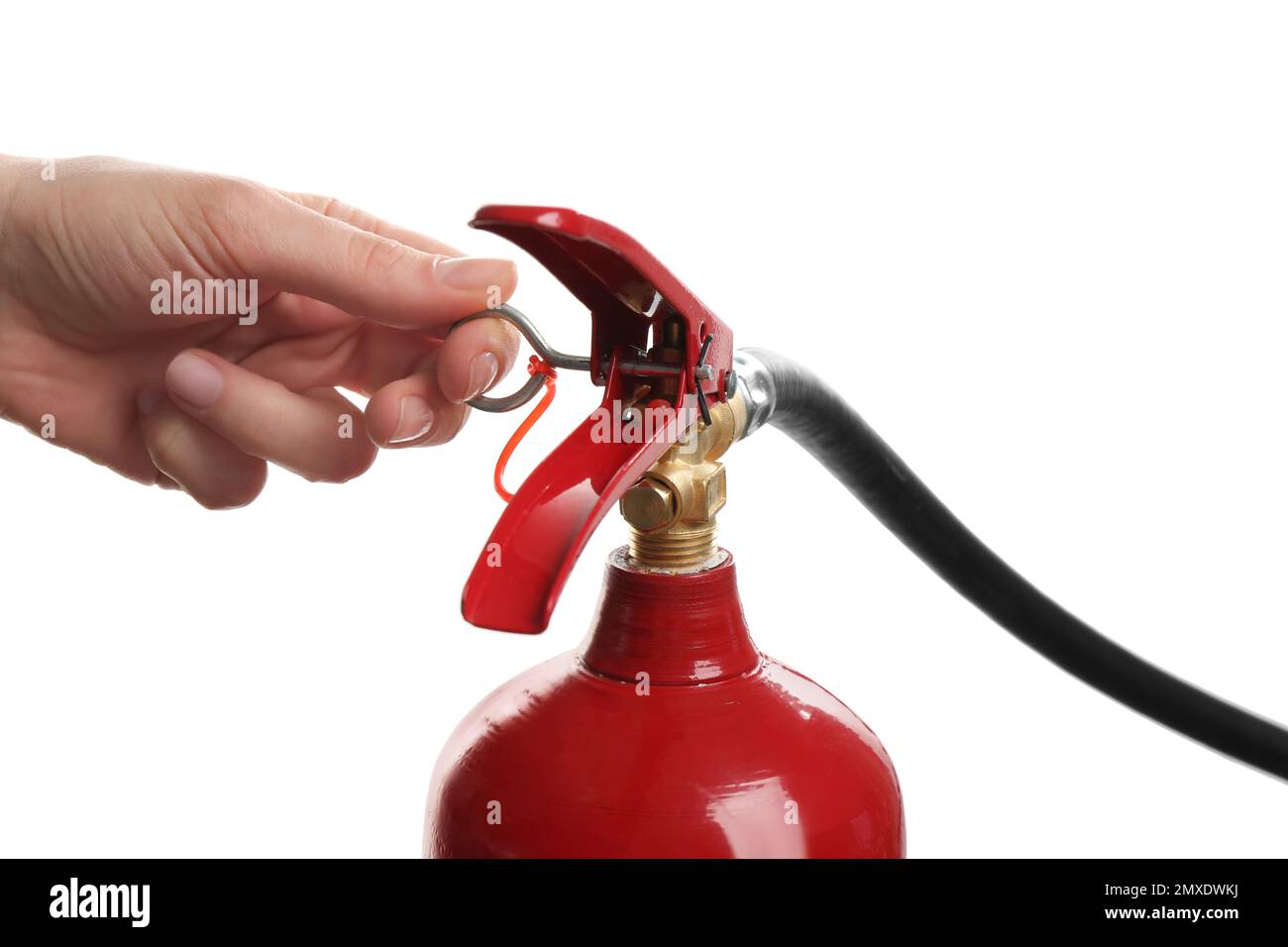 Woman using fire extinguisher on white background, closeup Stock Photo ...