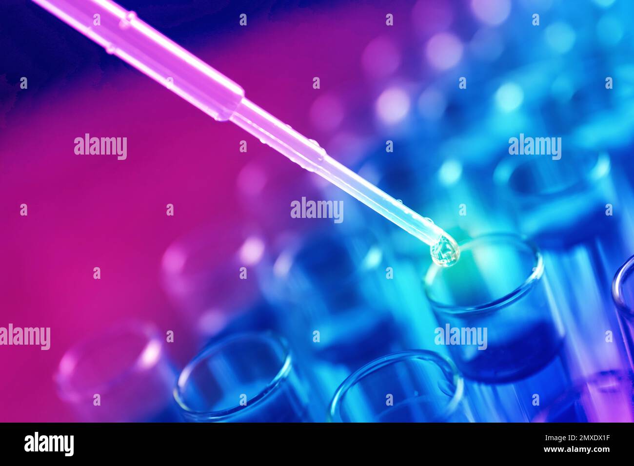 Dripping reagent into test tube with liquid sample on blurred ...