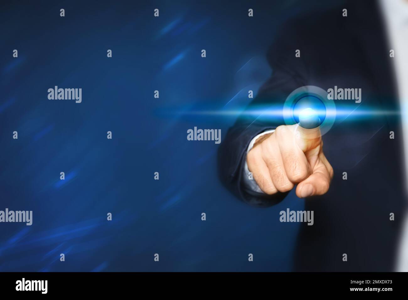 Man pressing button on virtual screen, closeup. Space for text Stock ...