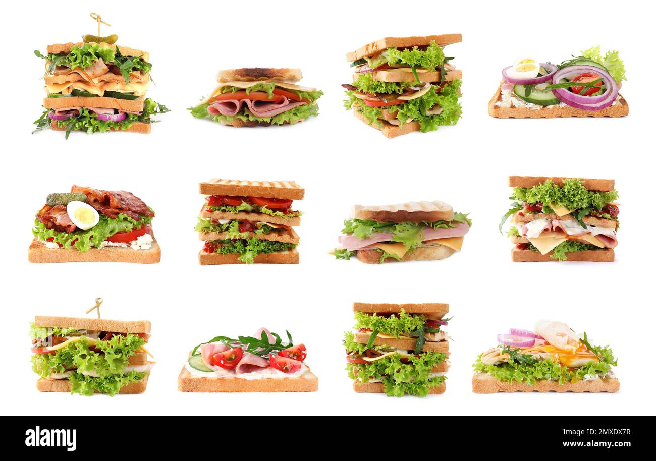 Set of toasted bread with different toppings on white background Stock ...
