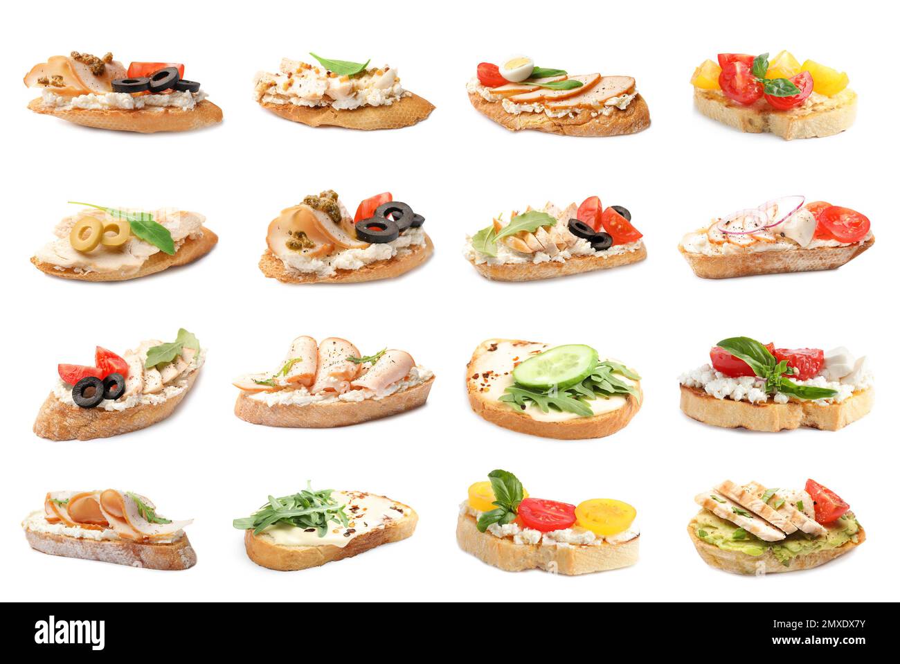 Set of toasted bread with different toppings on white background Stock ...