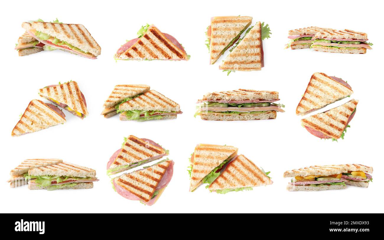 Set of toasted bread with different toppings on white background Stock ...