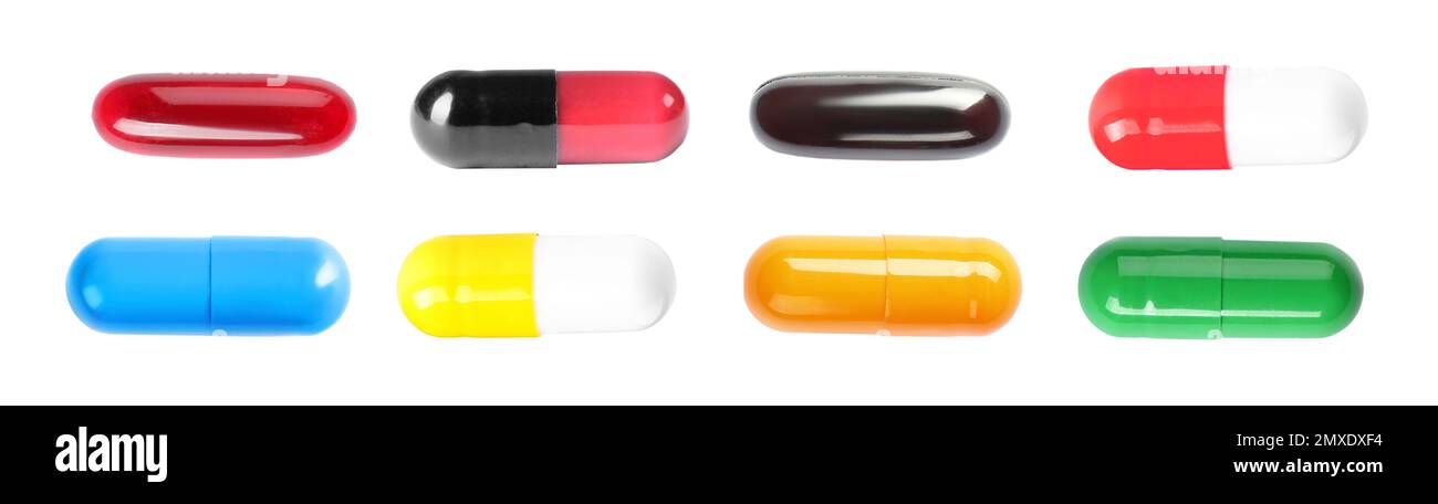 Set with colorful pills on white background, top view. Banner design ...