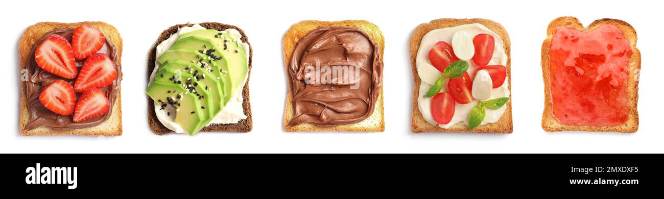 Set of toasted bread with different toppings on white background, top ...