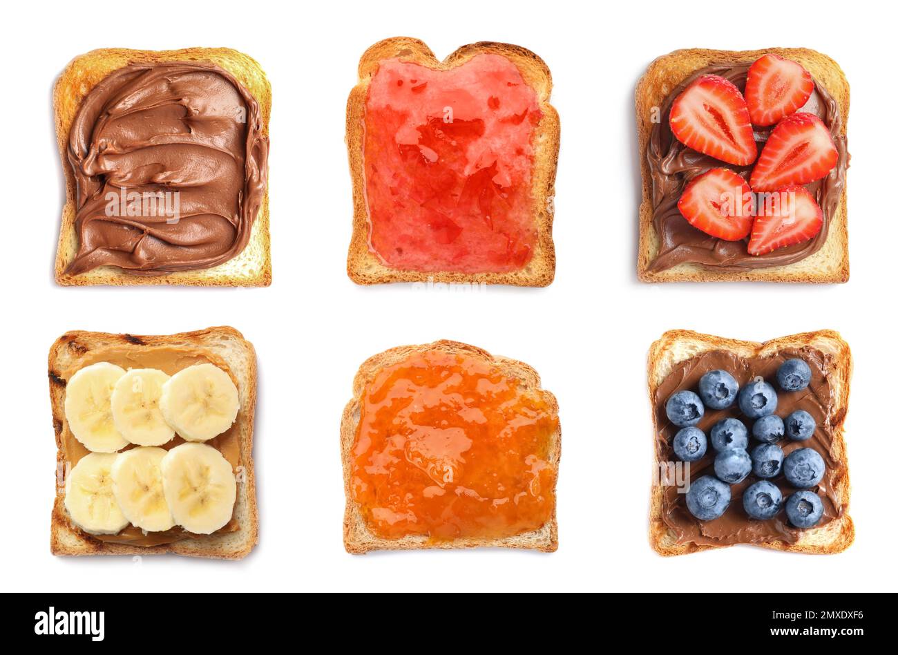 Set of toasted bread with different toppings on white background, top ...