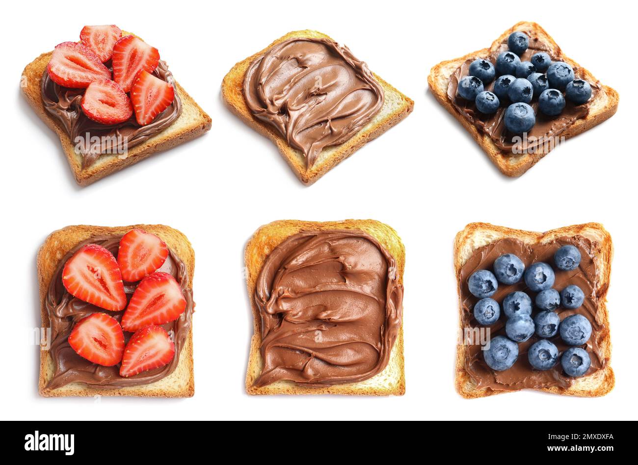 Set of toasted bread with different toppings on white background Stock ...