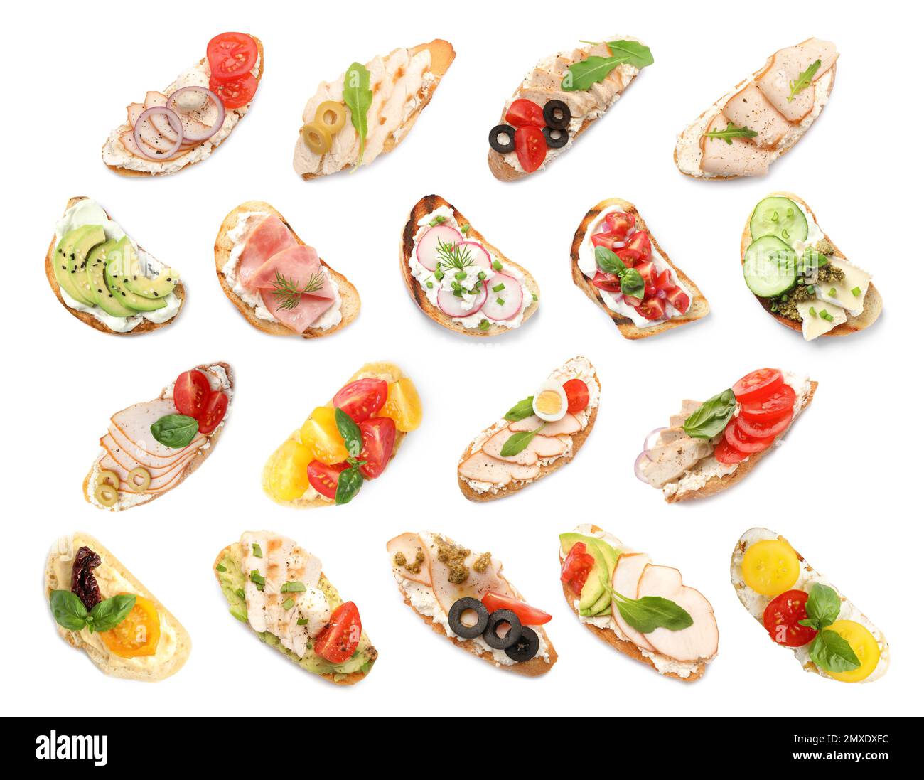 Set of toasted bread with different toppings on white background, top ...