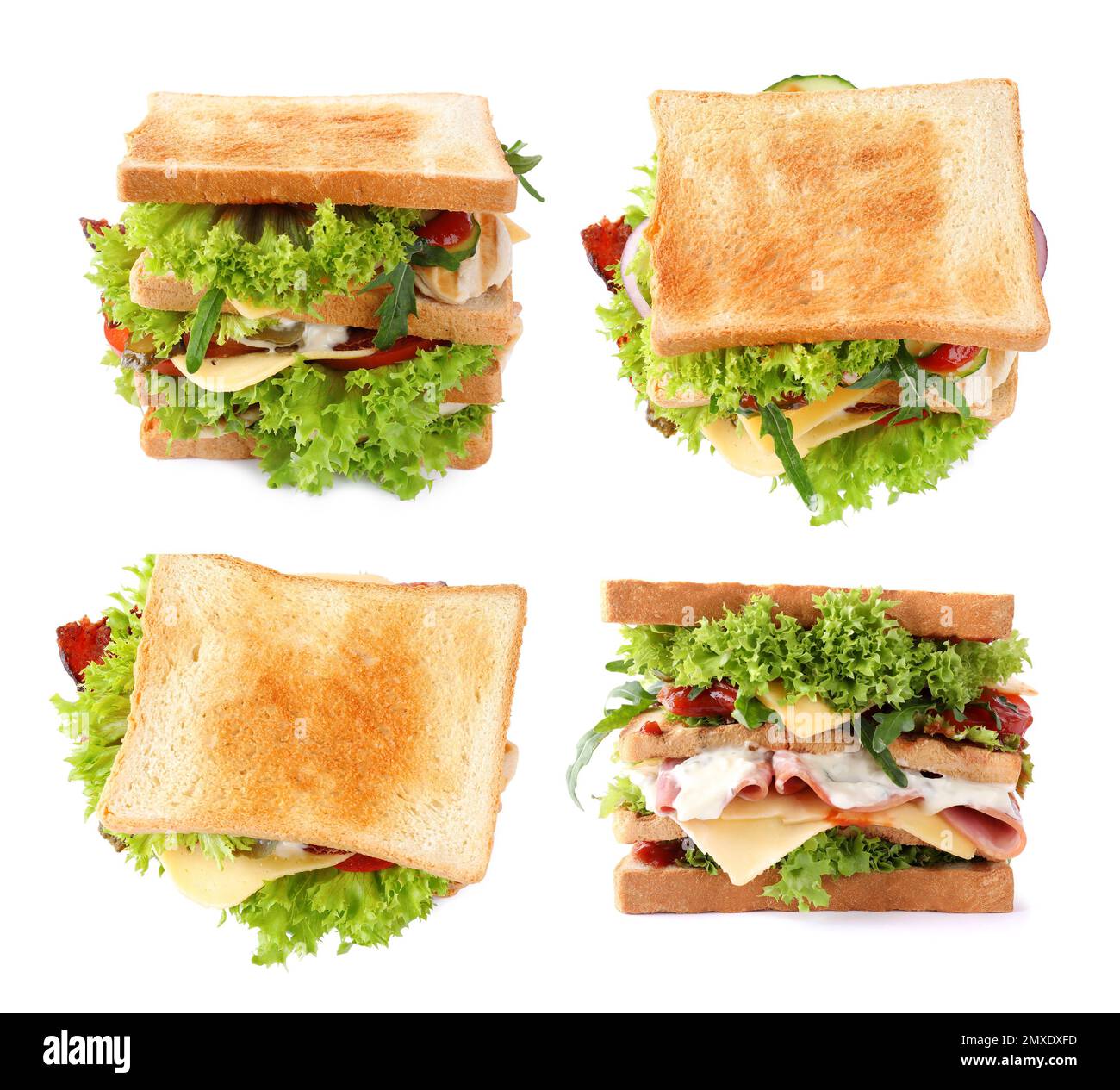 Set of toasted bread with different toppings on white background Stock ...