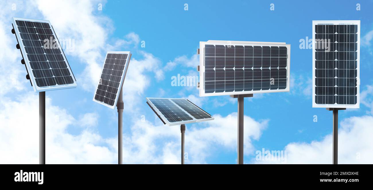 Set with different solar panels outdoors, banner design. Alternative ...
