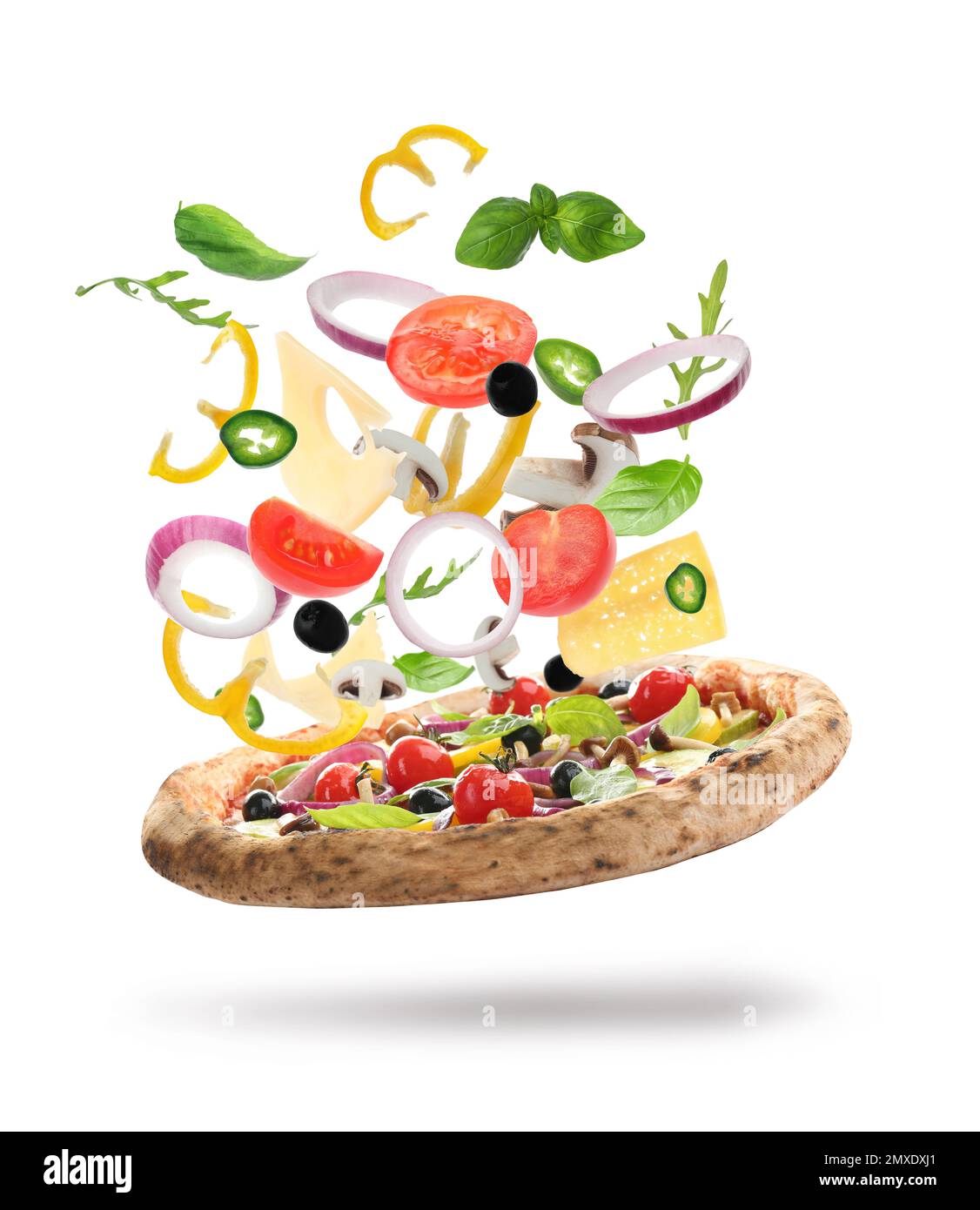 Delicious pizza with flying ingredients on white background Stock Photo ...