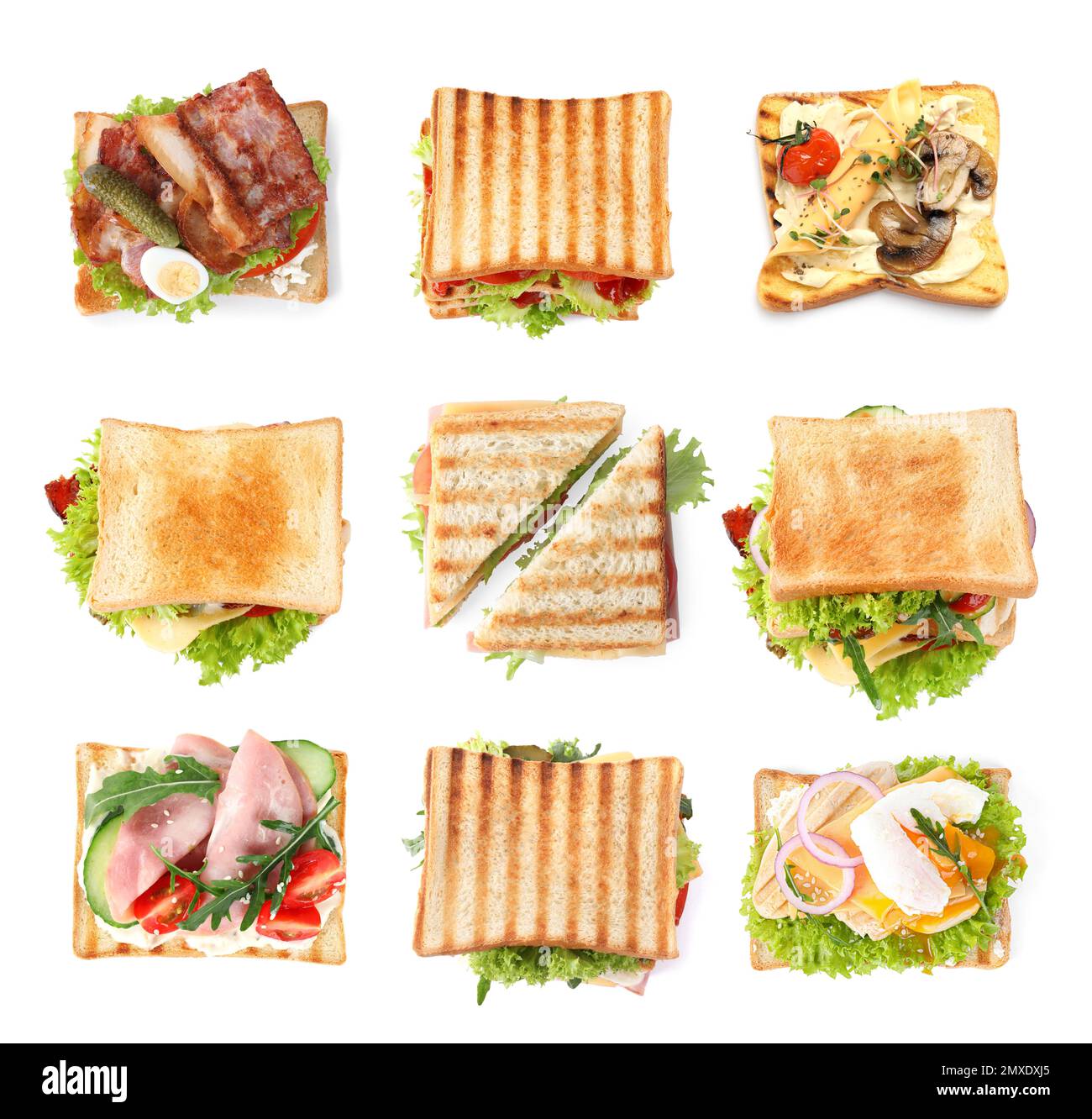 Set of toasted bread with different toppings on white background, top ...